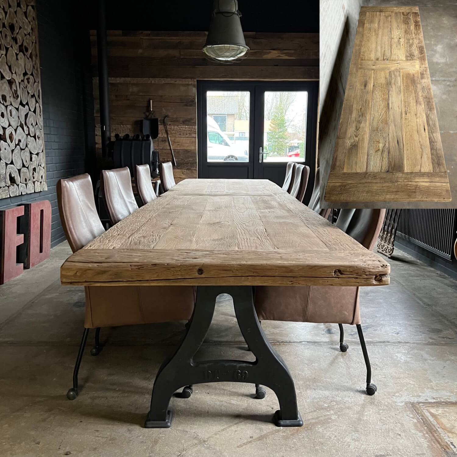 Long industrial design table with iron legs – thick old oak - IND747
